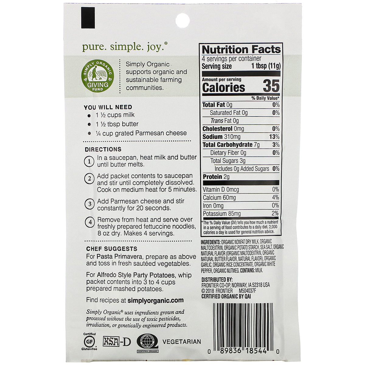 Simply Organic, Alfredo Sauce Mix, 12 Packets, 1.48 oz (42 g) Each ...