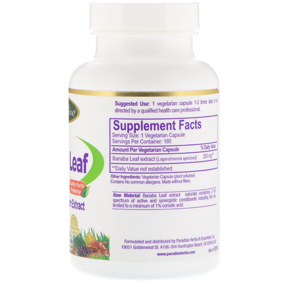 Paradise Herbs, Banaba Leaf Extract, 250 mg, 180 Vegetarian Capsules ...
