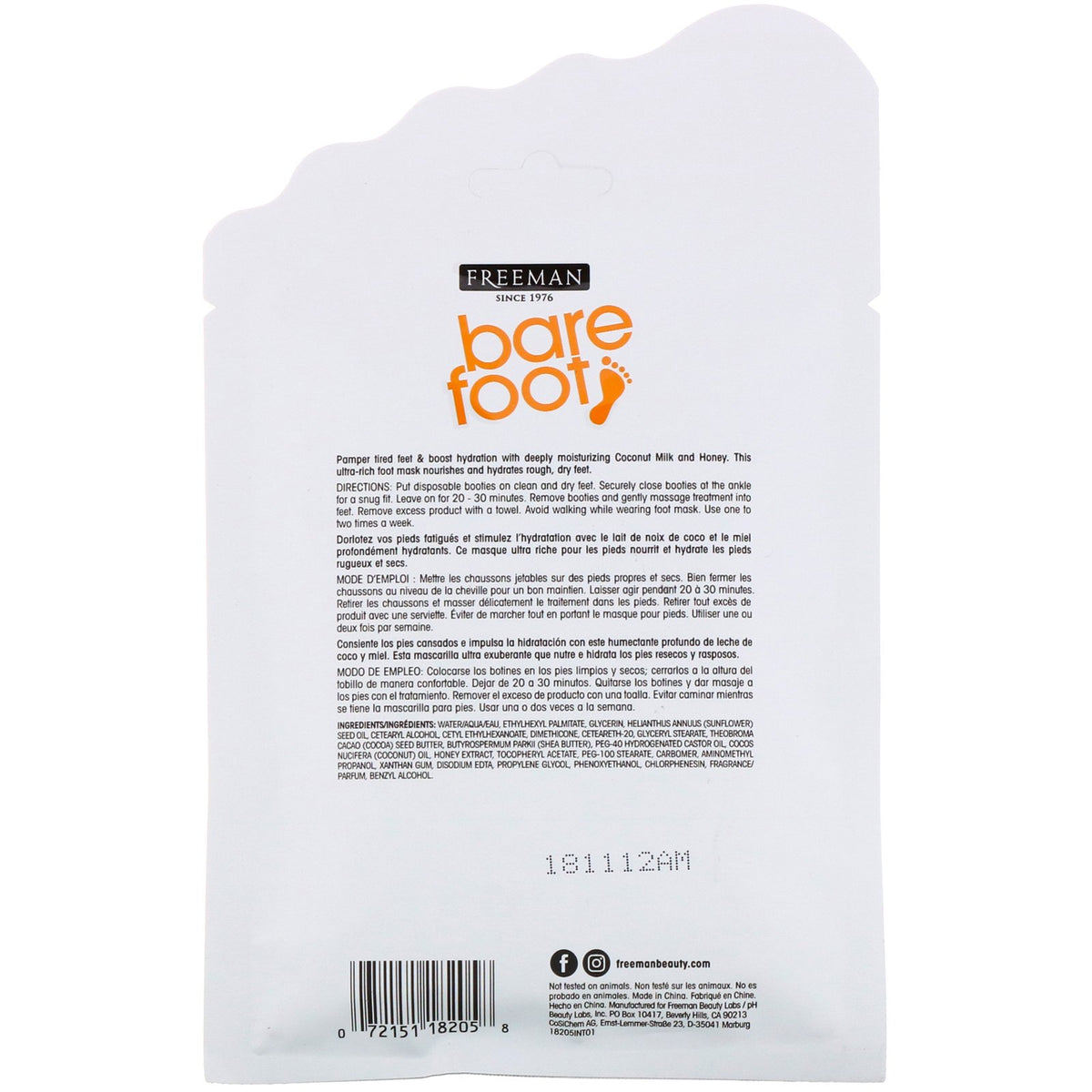 Freeman Beauty, Bare Foot, Intensive Hydrating, Foot Mask with Disposa ...