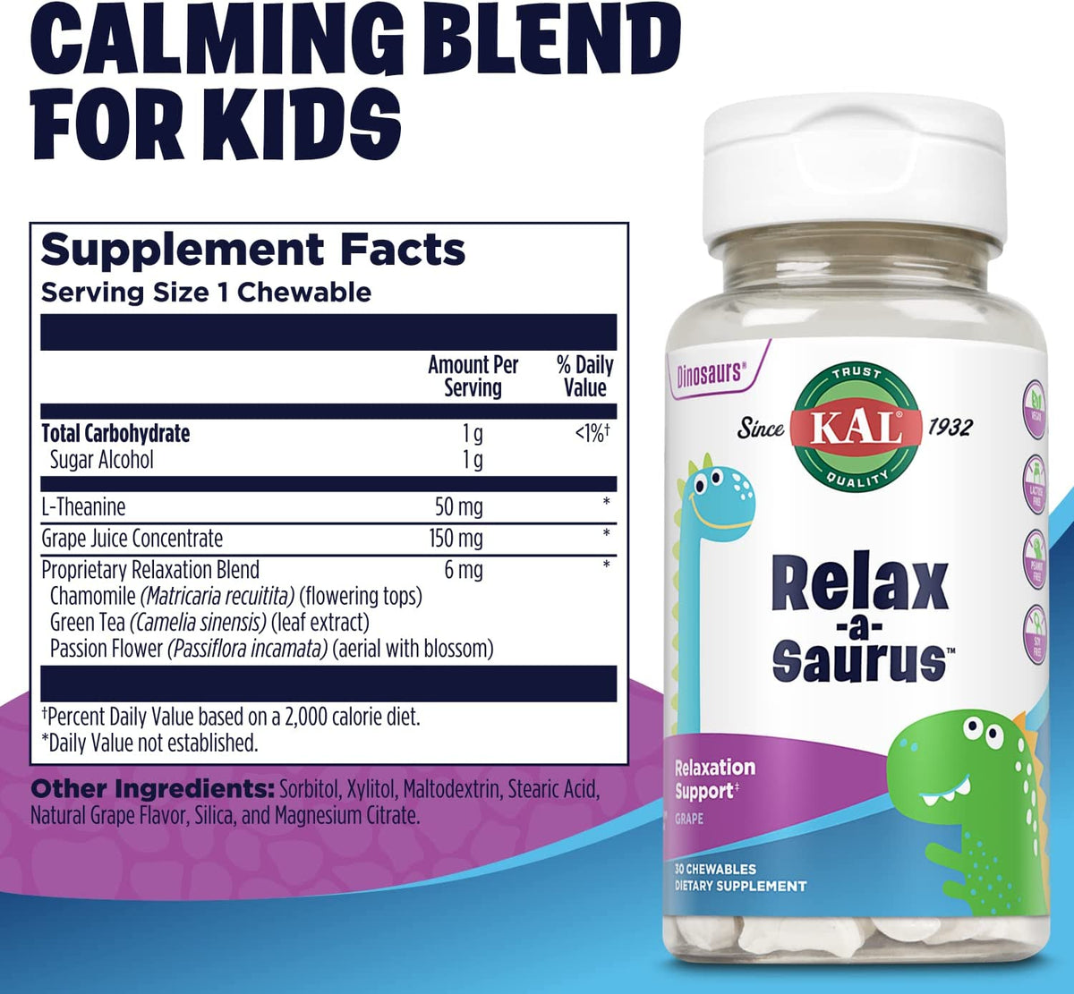 KAL, Dinosaurs, Relax-a-Saurus, L-Theanine Blend, Grape, 30 Chewables ...