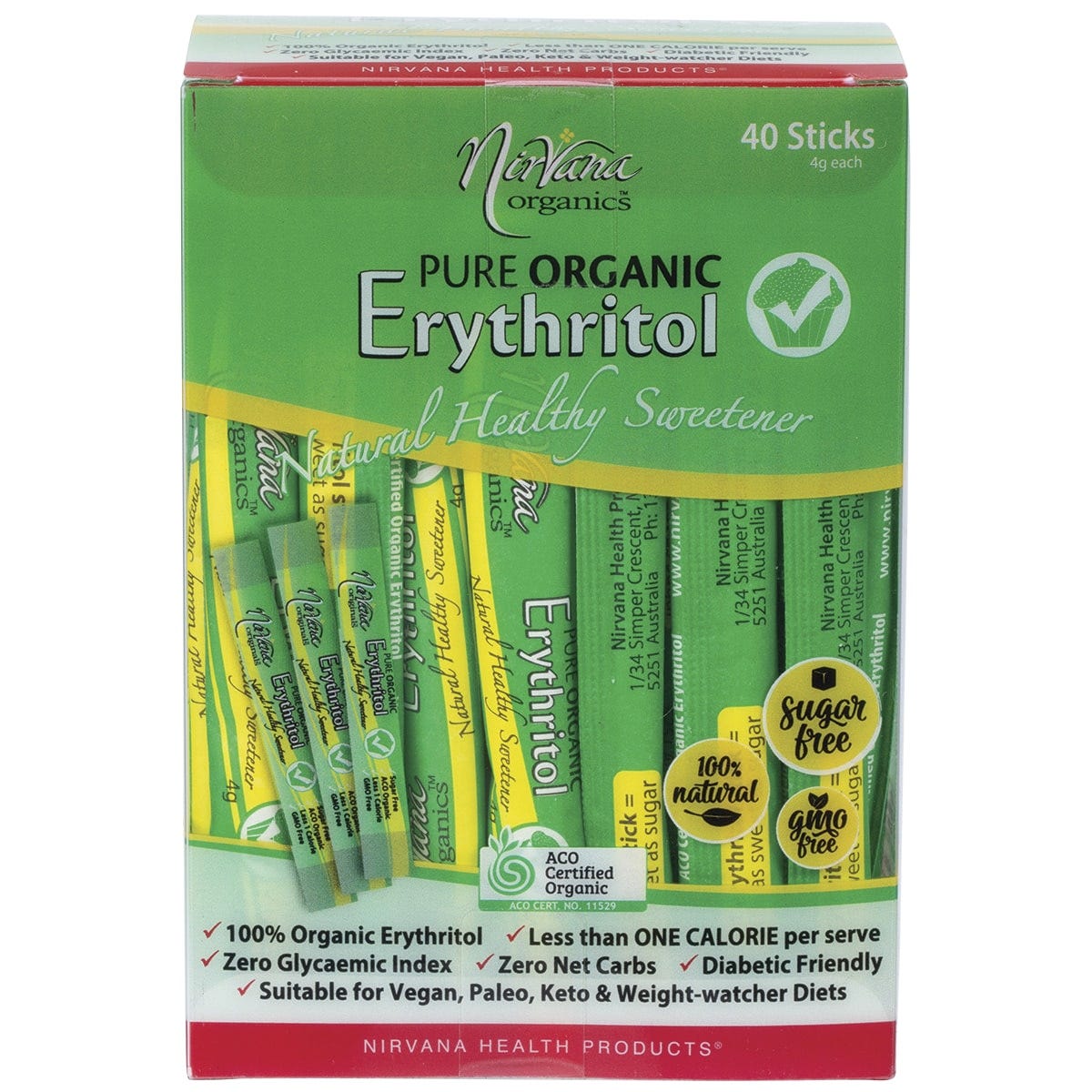 Nirvana Organics Erythritol Pure Organic Sticks 40x4g | The Supplement Shop